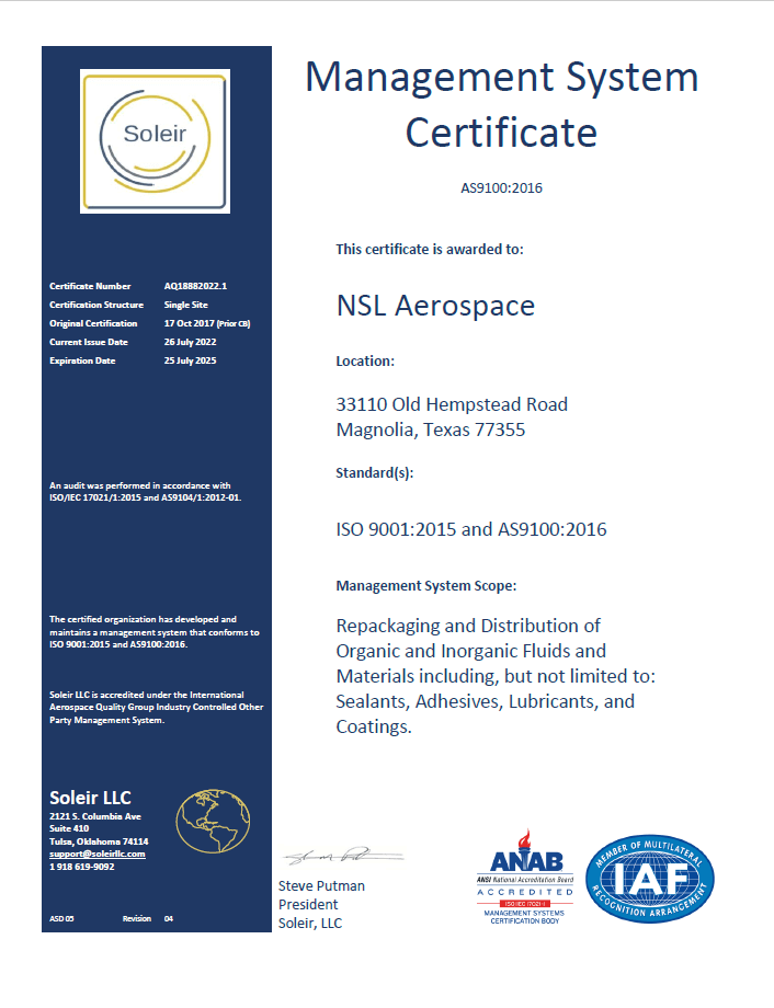 AS 9100, ISO 9001:2015 & Nadcap Certs | NSL Aerospace